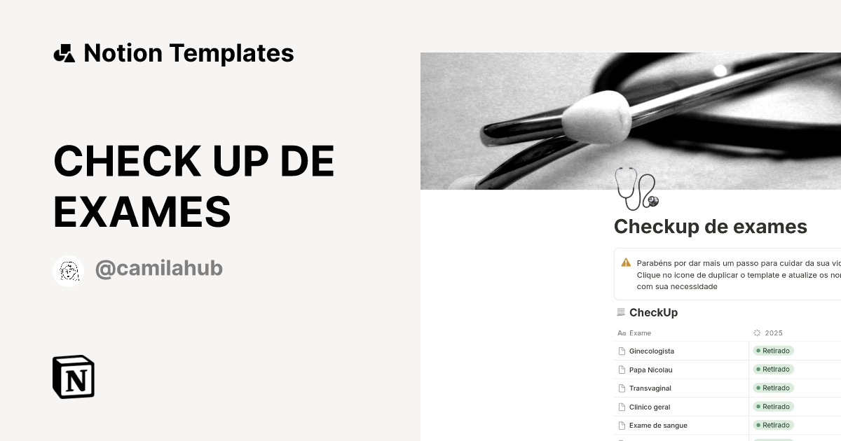 CHECK UP DE EXAMES Template by Camila da Hub | Notion Marketplace