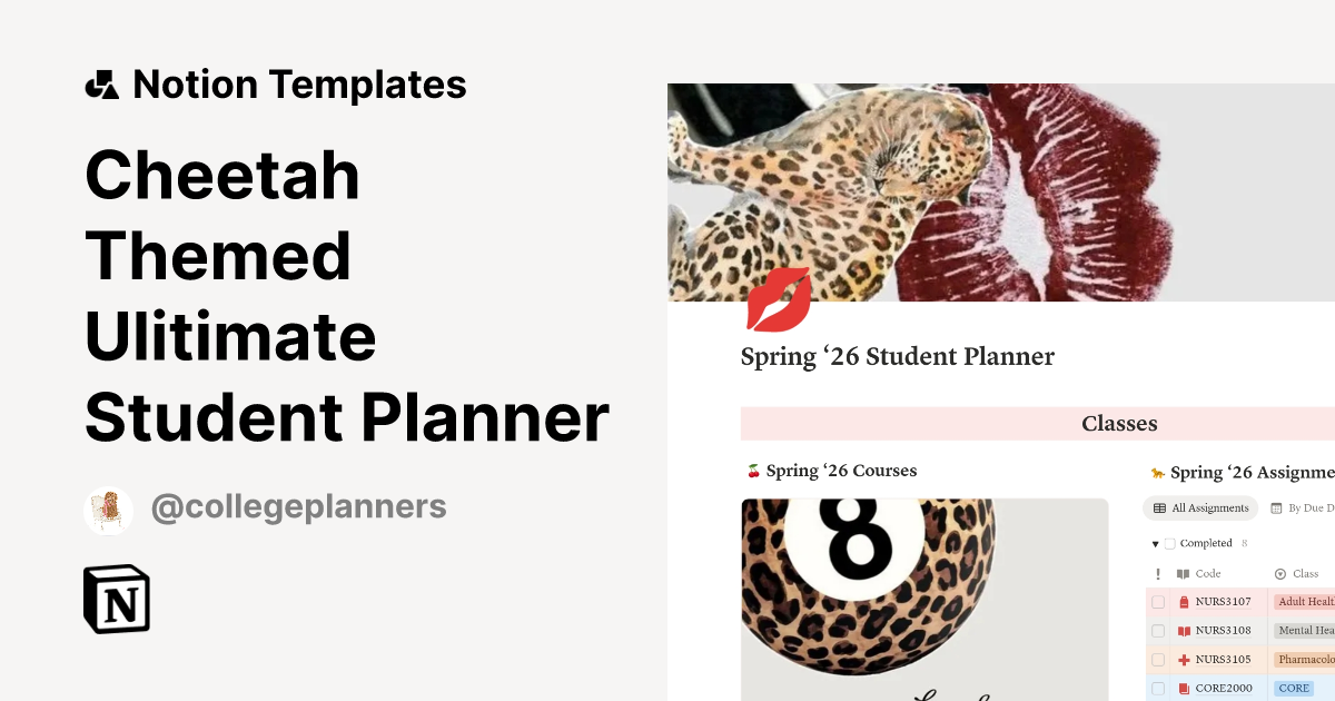Cheetah Themed Ulitimate Student Planner Template | Notion Marketplace