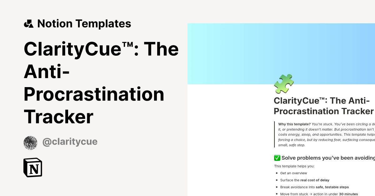ClarityCue™: The Anti-Procrastination Tracker Template by ClarityCue | Notion Marketplace