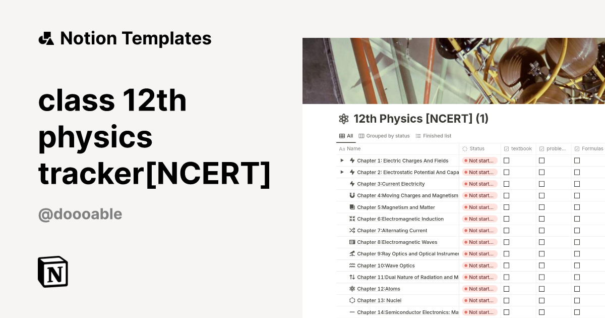 class 12th physics tracker[NCERT] Template | Notion Marketplace