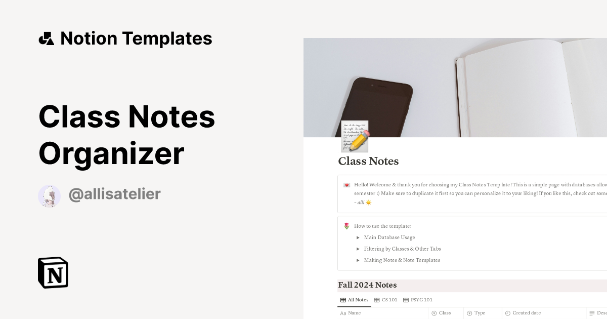 Class Notes Organizer Template | Notion Marketplace
