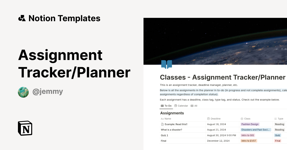 Assignment Tracker/Planner Template by Jem | Notion Marketplace