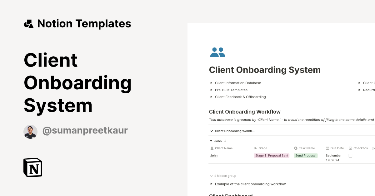 Client Onboarding System Template by Kaur's Digital Creations | Notion Marketplace