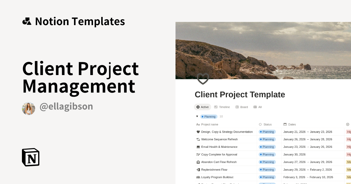 Client Project Management Template by Ella Gibson | Notion Marketplace