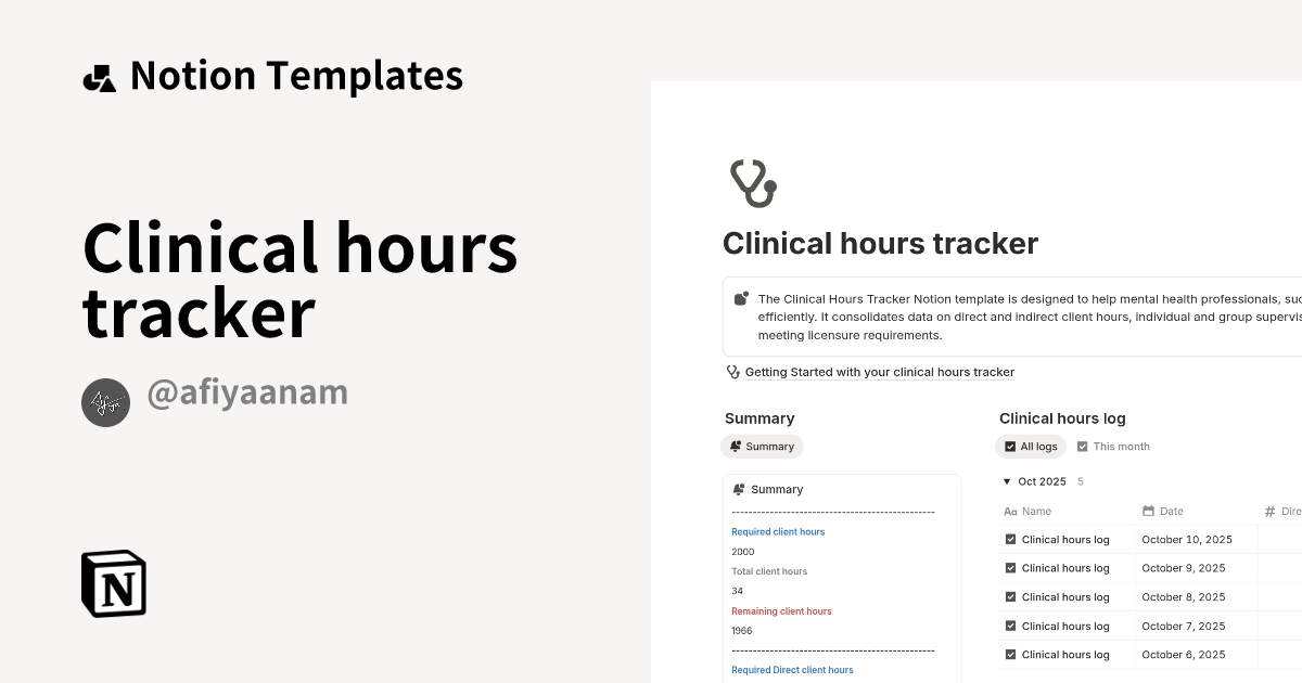 Clinical hours tracker Template by Afiya | Notion Marketplace