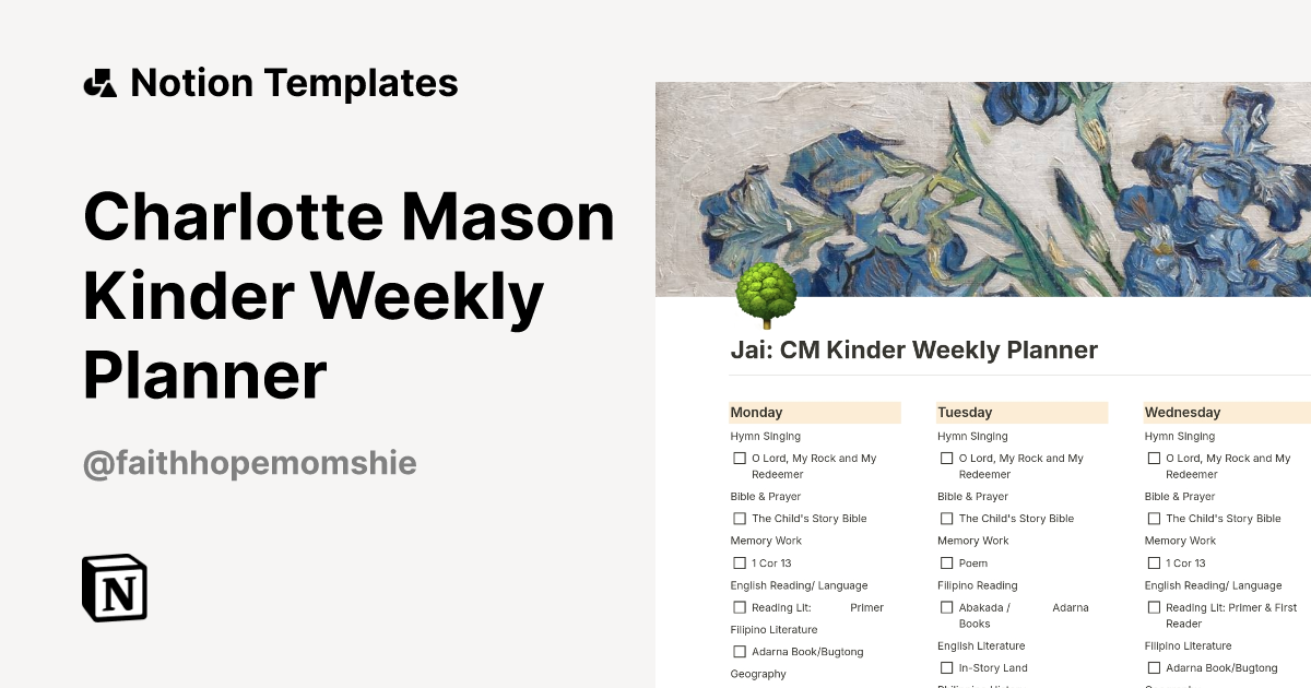 Charlotte Mason Kinder Weekly Planner Template by Chezka Abarquez ...