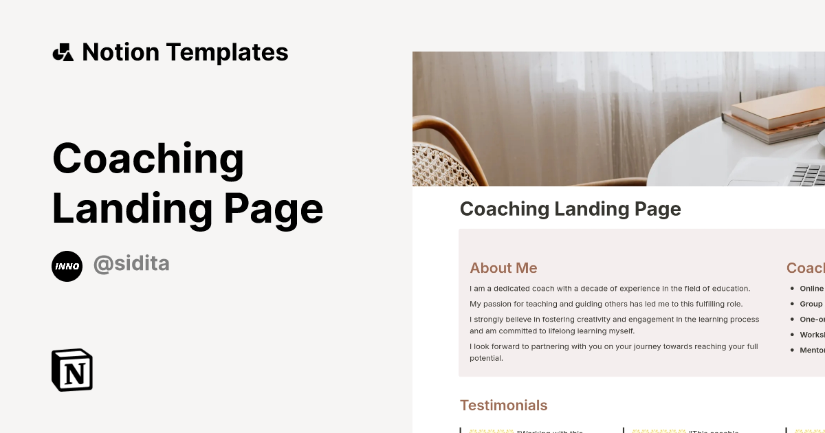 Coaching Landing Page Template by innotemplates | Notion Marketplace