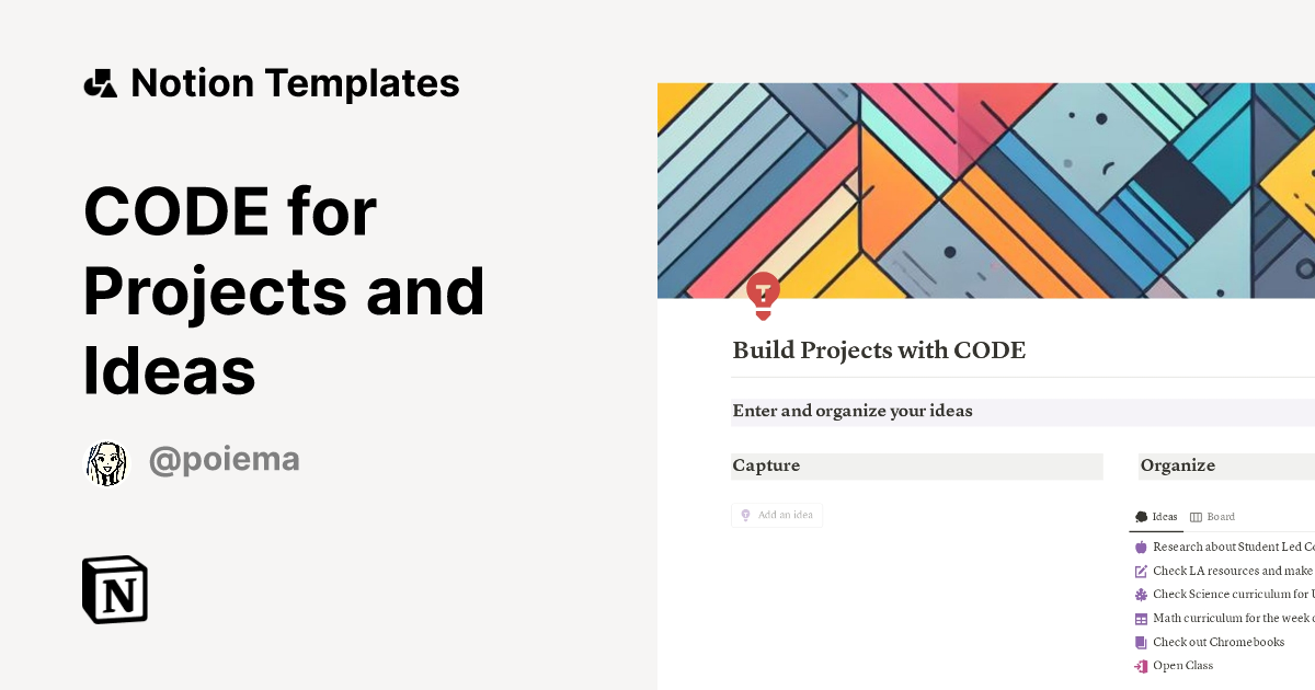 CODE for Projects and Ideas Template by Johanna K | Notion Marketplace