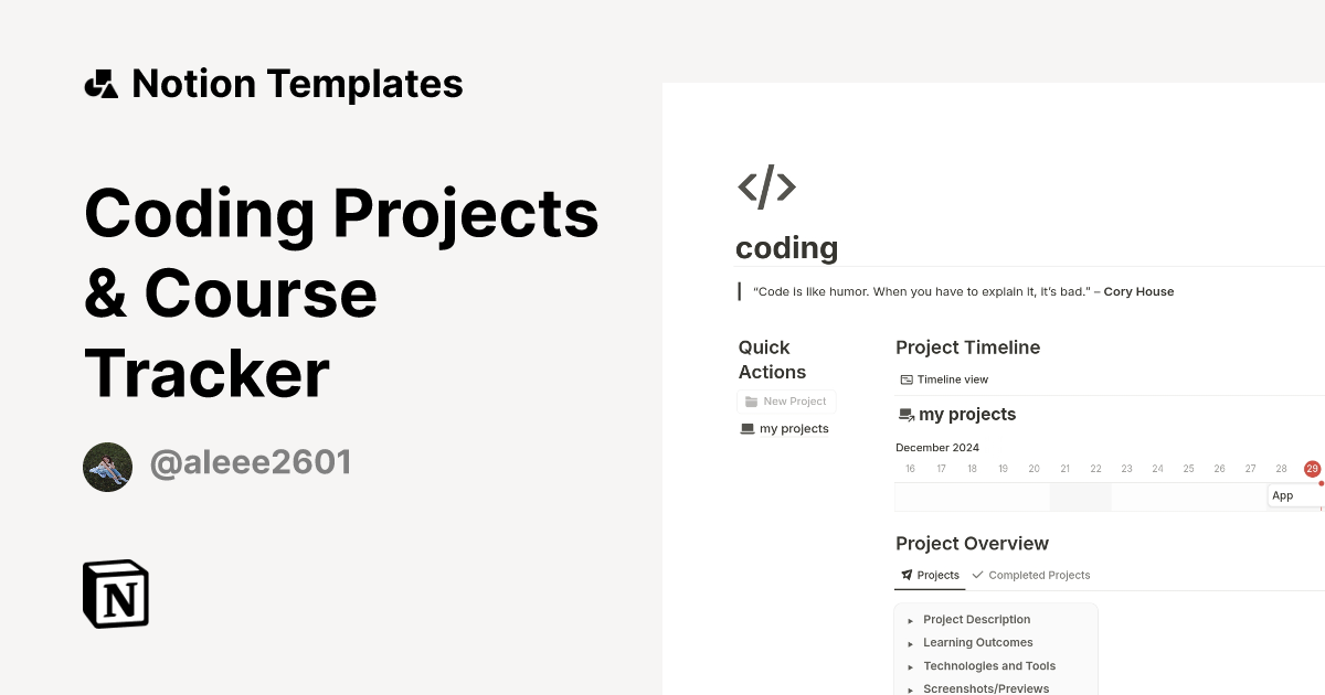 Coding Projects & Course Tracker Template by Alexandra Onose | Notion Marketplace