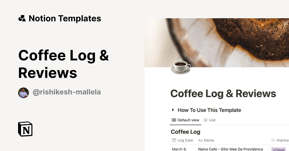 Coffee Log & Reviews Template by Rishikesh Mallela | Notion Marketplace