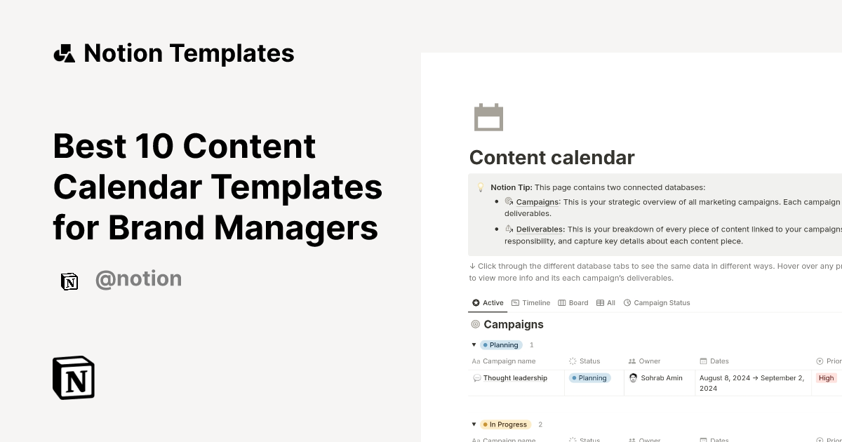 Best 10 Content Calendar Templates for Brand Managers | Notion Template ...