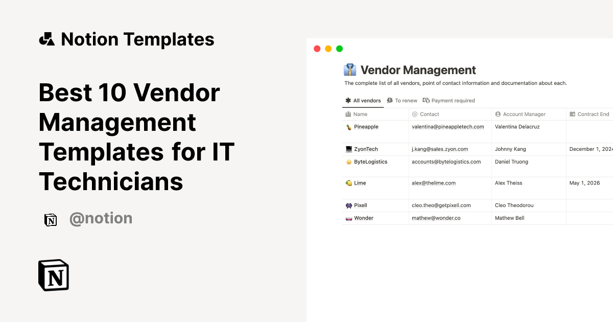 Best 10 Vendor Management Templates for IT Technicians | Notion ...