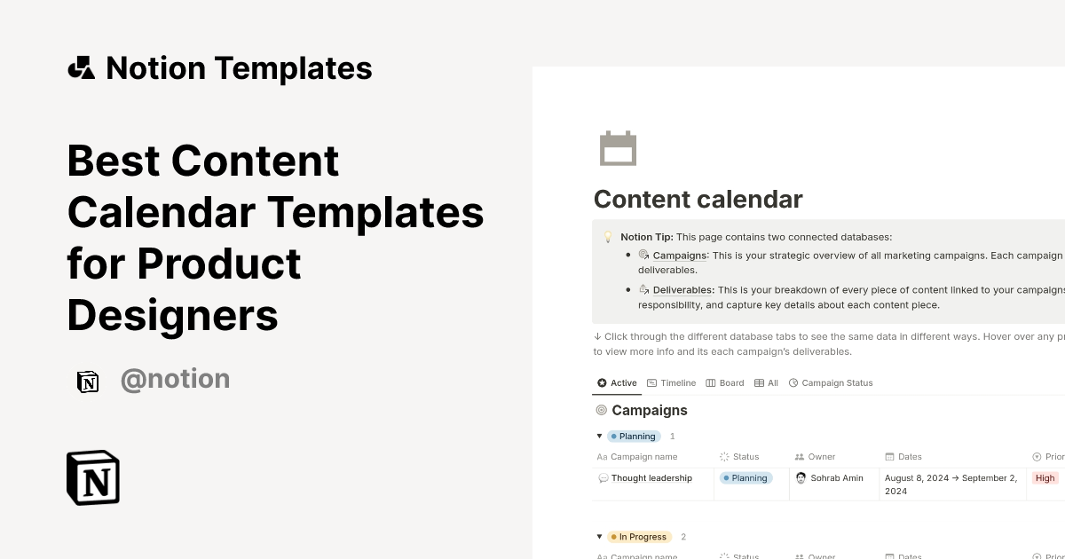 Best Content Calendar Templates for Product Designers | Notion Template ...