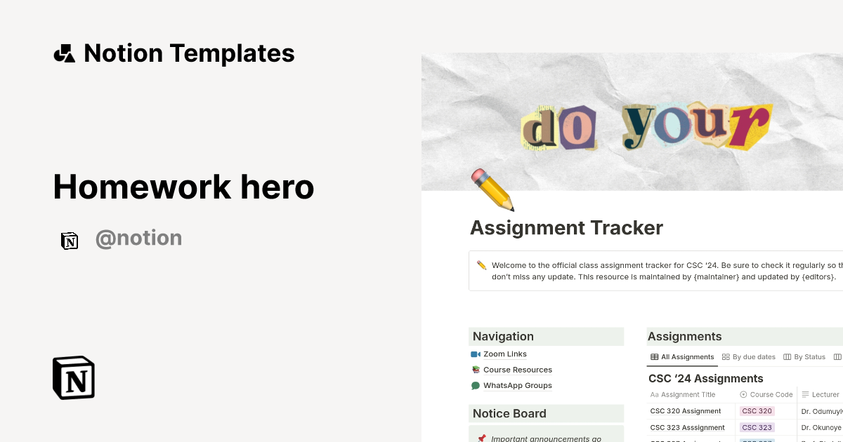 Homework hero | Notion Template Marketplace