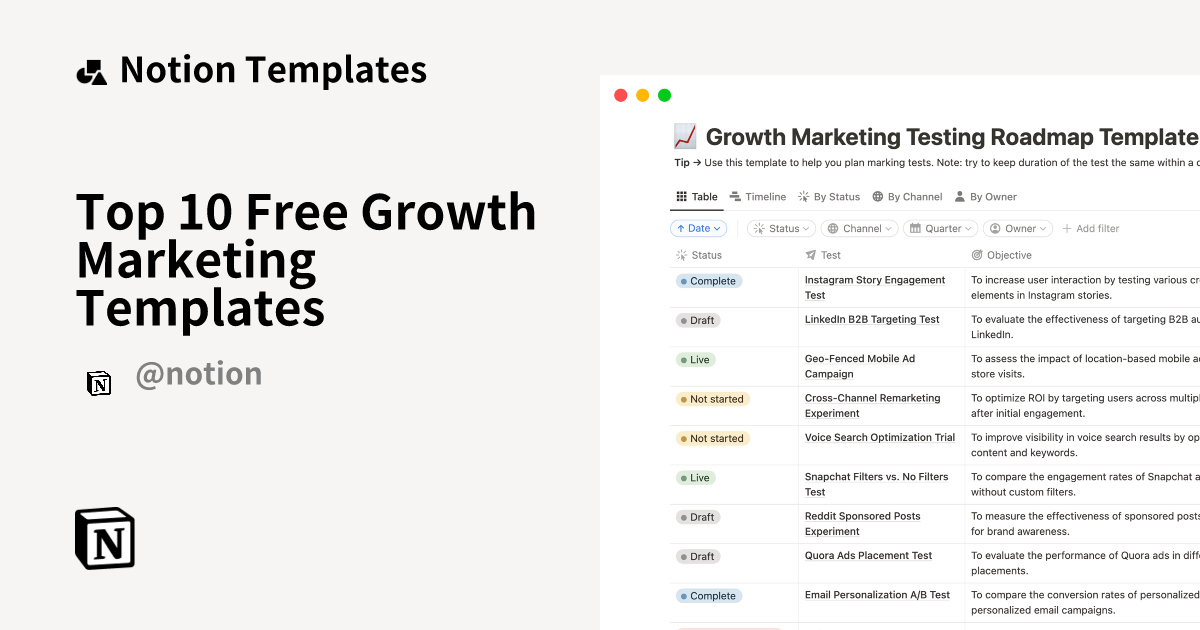 Top 10 Free Growth Marketing Templates | Notion Template Marketplace