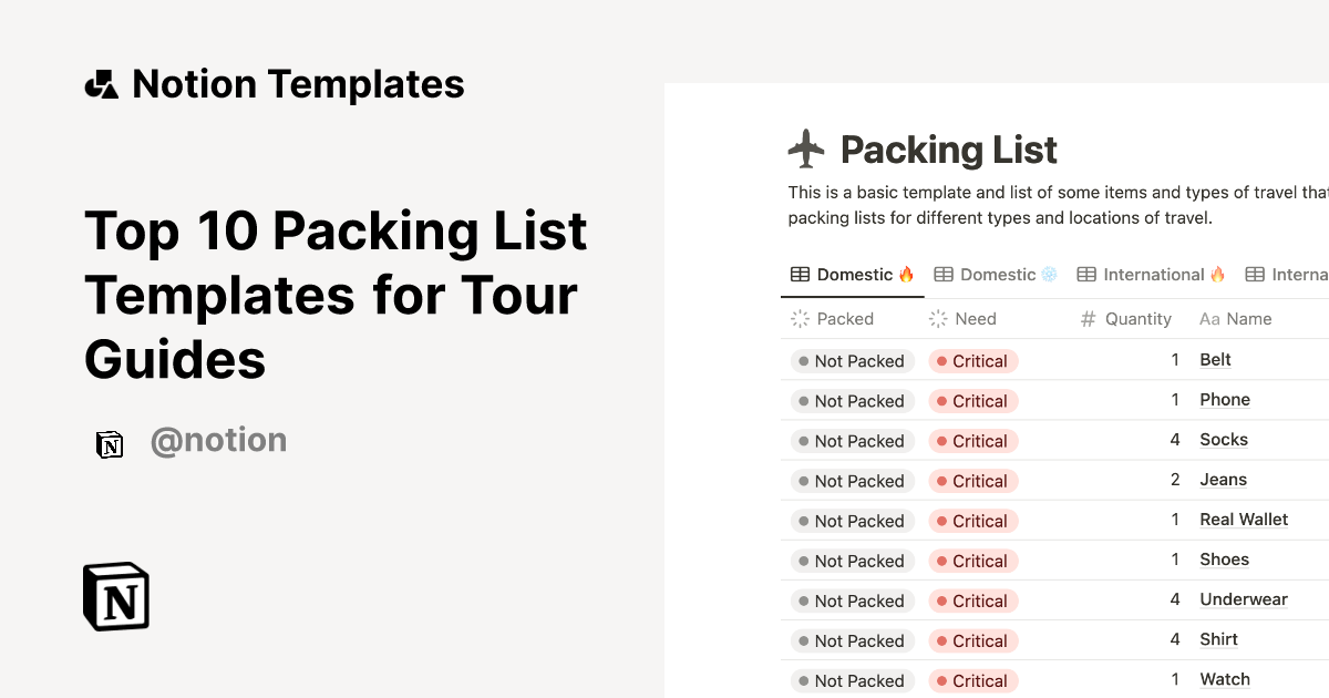 Top 10 Packing List Templates for Tour Guides | Notion Template Marketplace