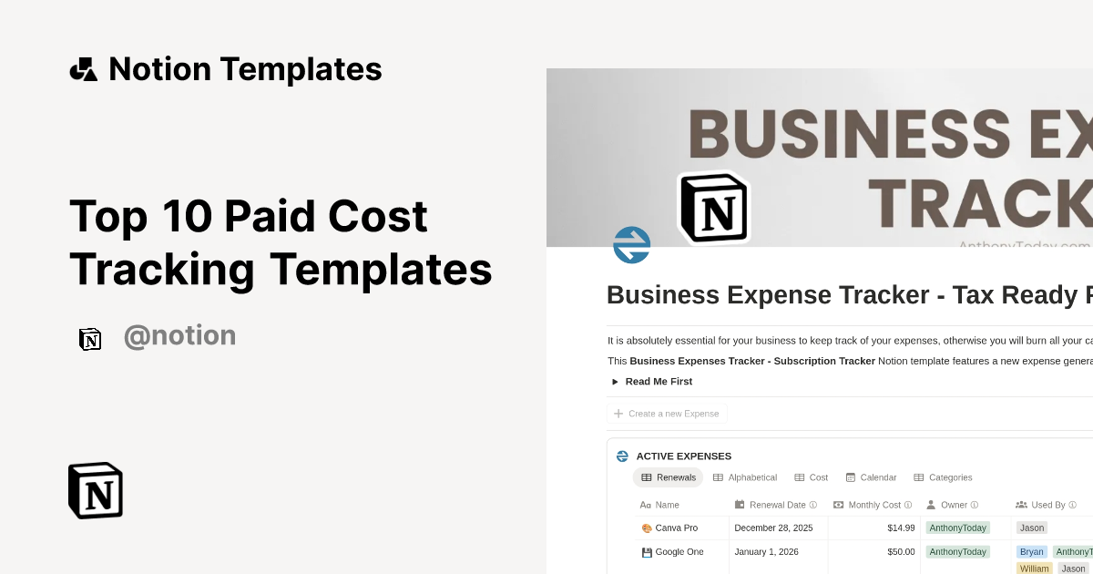 Top 10 Paid Cost Tracking Templates | Notion Template Marketplace