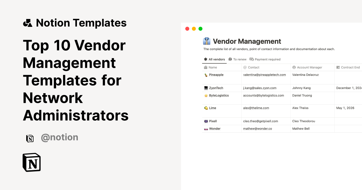 Top 10 Vendor Management Templates for Network Administrators | Notion ...