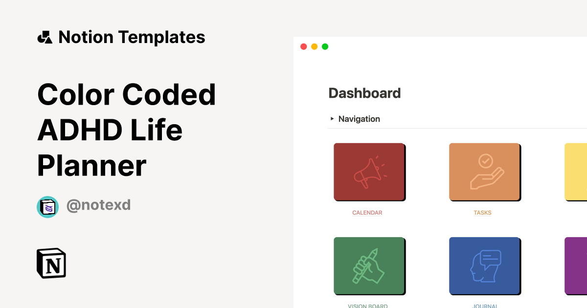 Color Coded ADHD Life Planner Template | Notion Marketplace