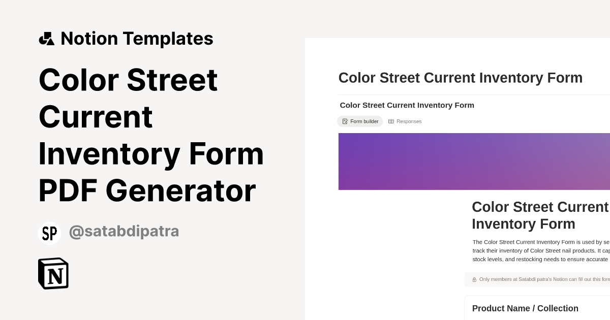 Color Street Current Inventory Form PDF Generator Template | Notion ...