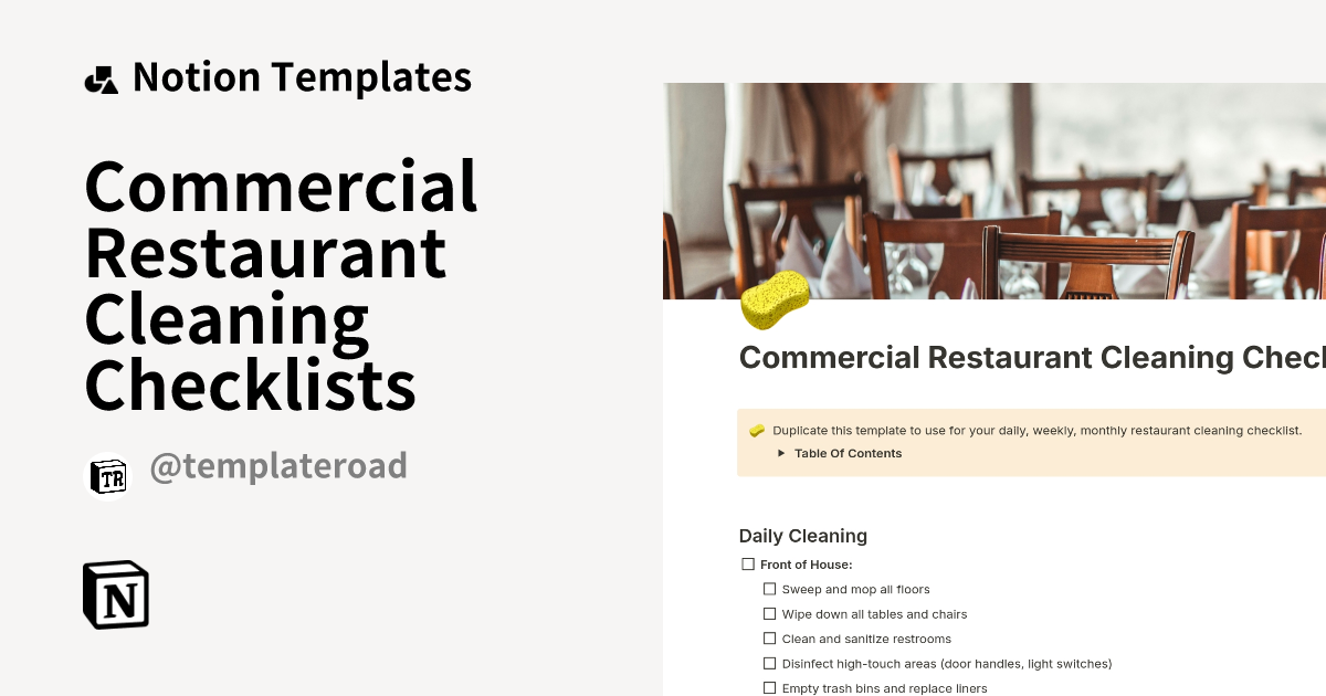 Commercial Restaurant Cleaning Checklists Template by Template Road ...