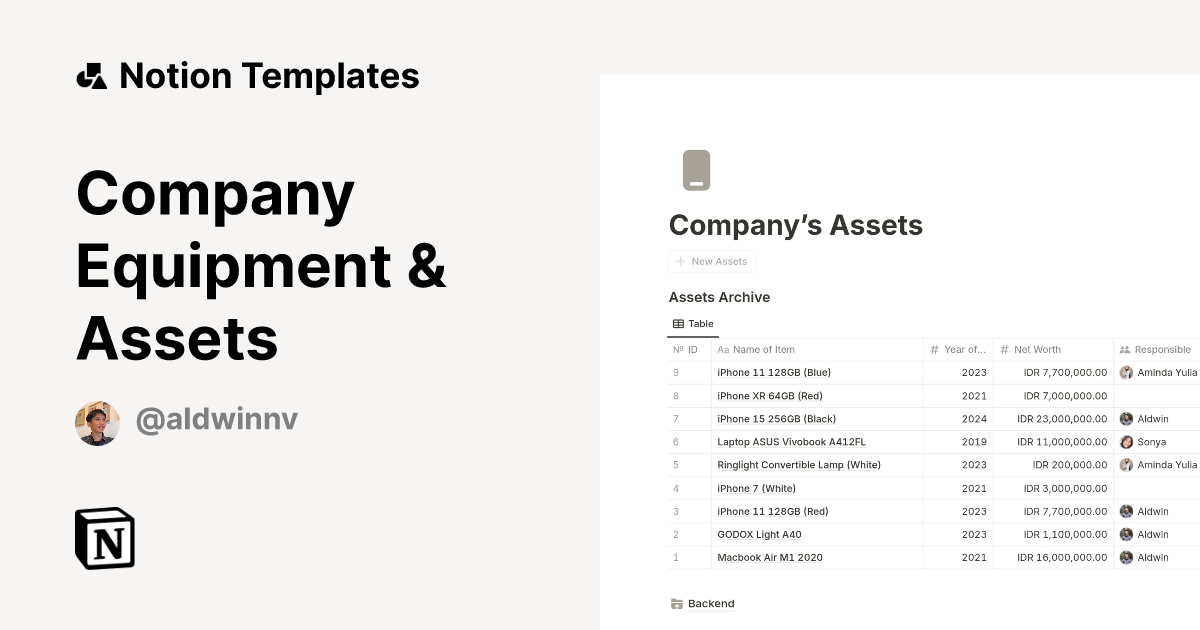 Company Equipment & Assets Template by Aldwin Nou | Notion Marketplace