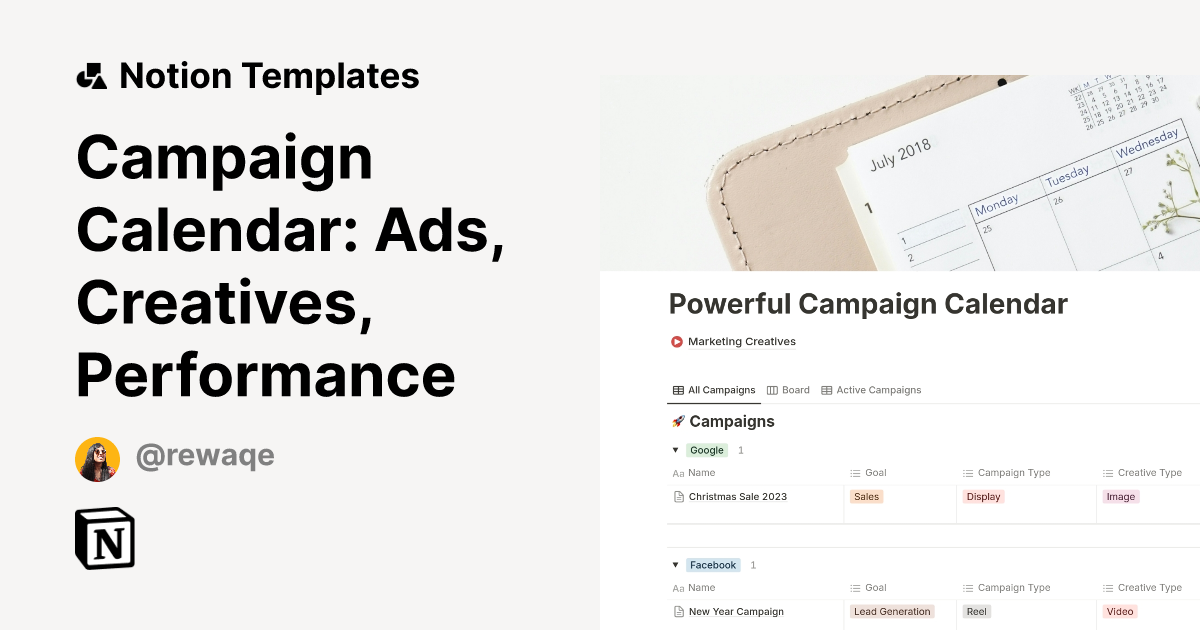 Campaign Calendar: Ads, Creatives, Performance Template by Rewaqe ...