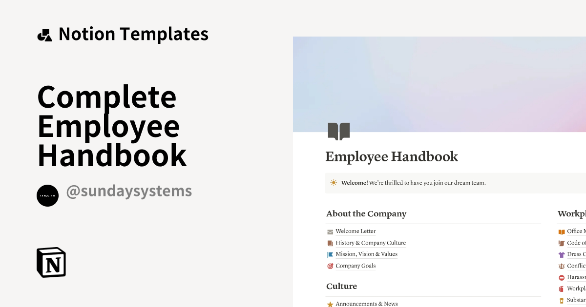 Complete Employee Handbook Template by SundaySystems | Notion Marketplace