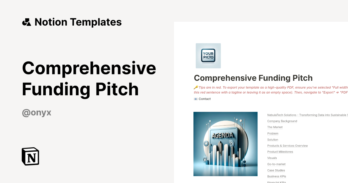 Comprehensive Funding Pitch Template by Onyx Strategy | Notion Marketplace
