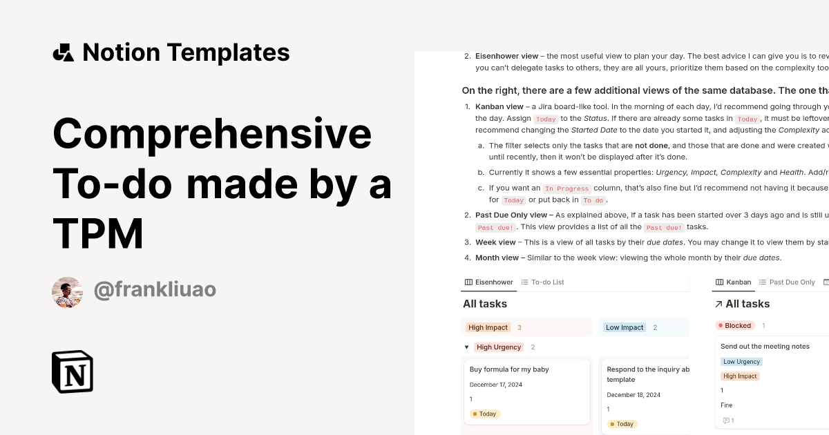 Comprehensive To-do made by a TPM Template by Ao Liu, PhD, CSM | Notion Marketplace