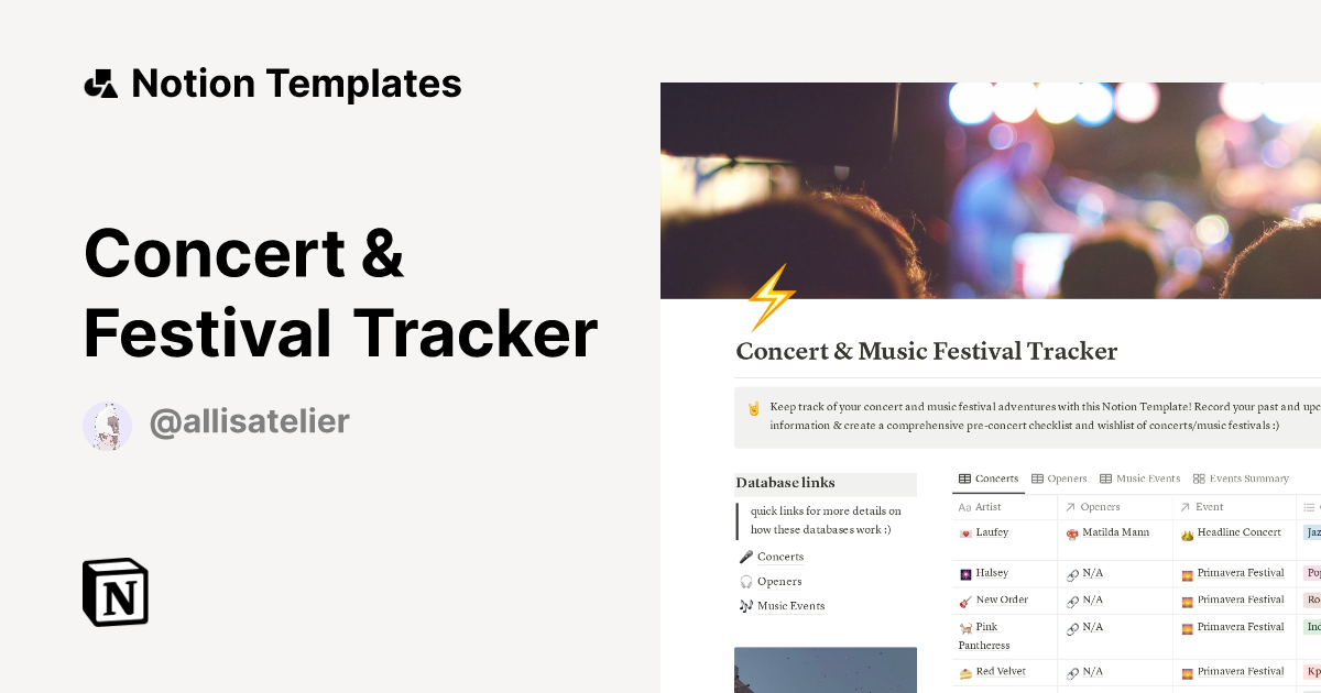 Concert & Festival Tracker Template by alli ☀️ | Notion Marketplace