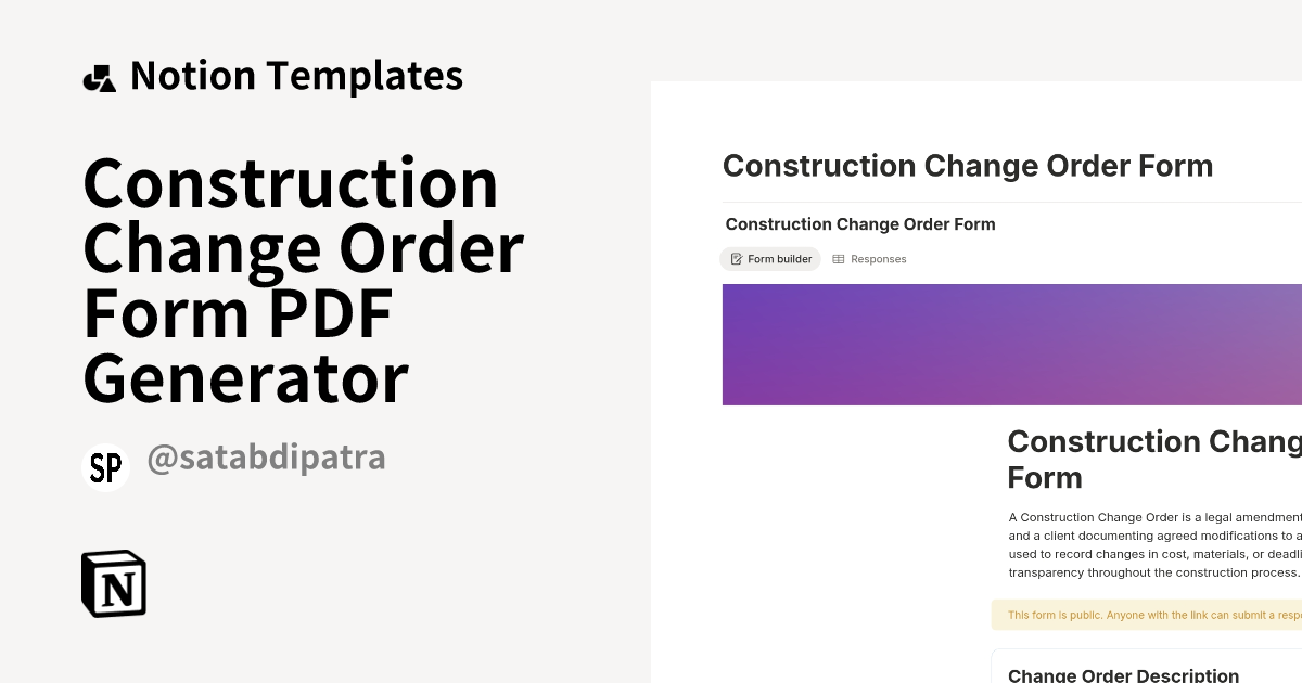Construction Change Order Form PDF Generator Template by Satabdi Patra ...