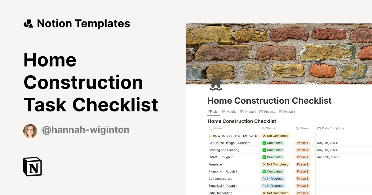 Home Construction Task Checklist Template | Notion Marketplace