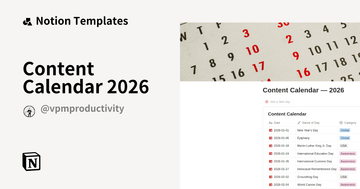 Content Calendar 2026 Template | Notion Marketplace