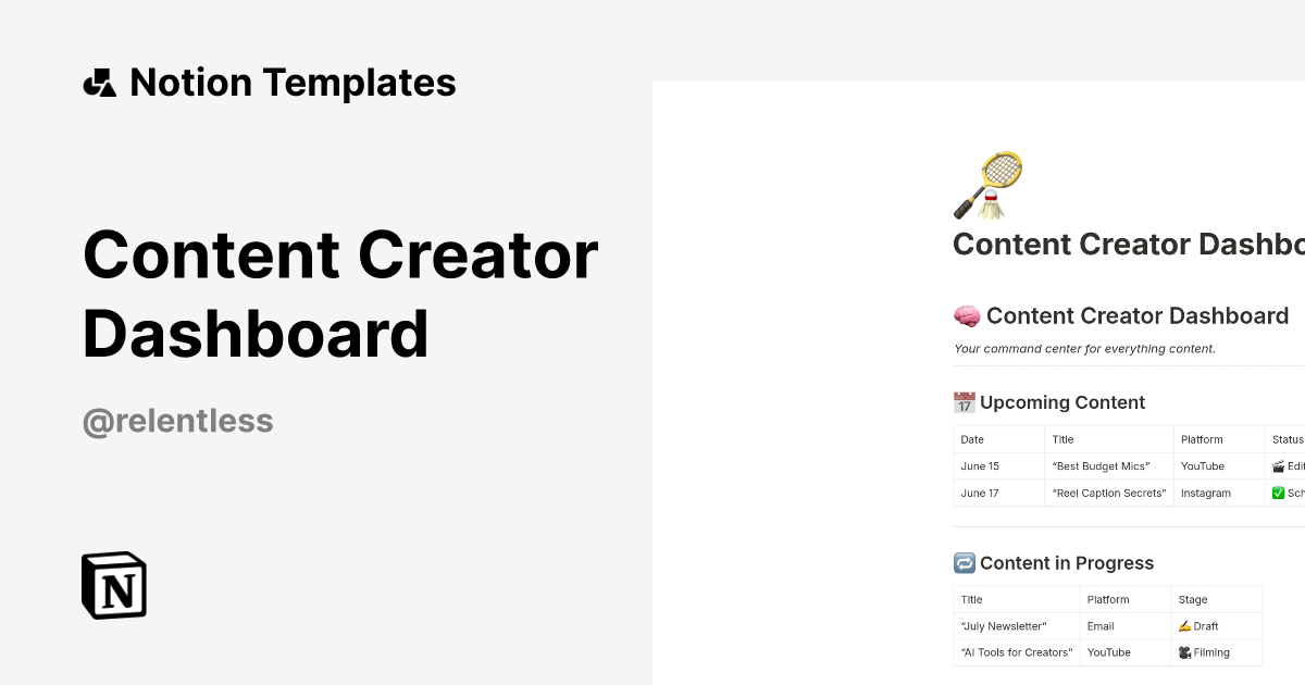 Content Creator Dashboard Template | Notion Marketplace