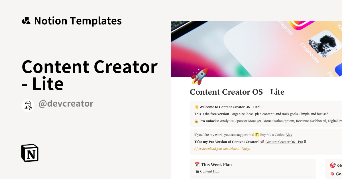 Content Creator - Lite Template by DevDream Creator | Notion Marketplace