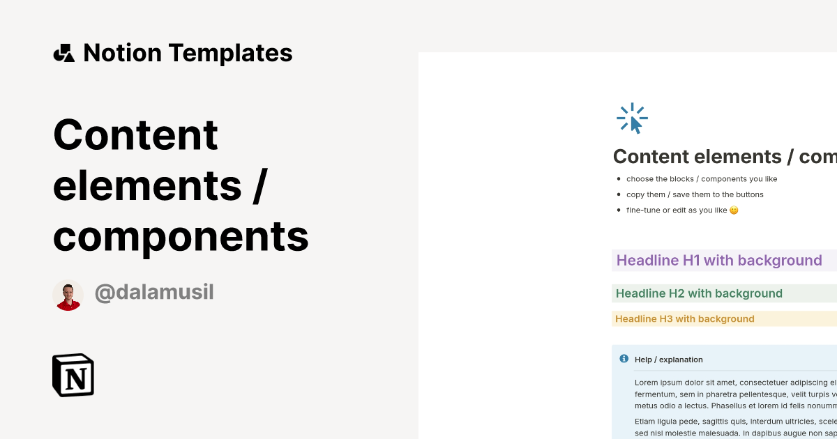 Content elements / components Template | Notion Marketplace