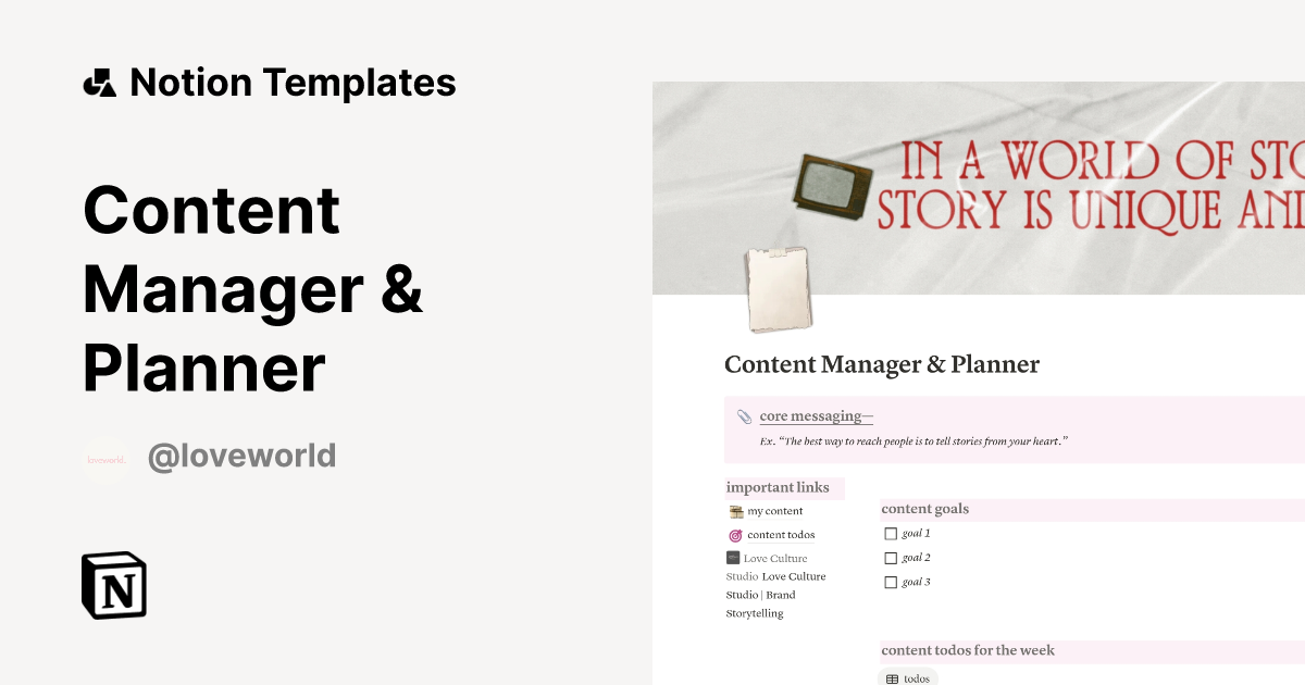 Content Manager & Planner Template by Loveworld Paper | Notion Marketplace