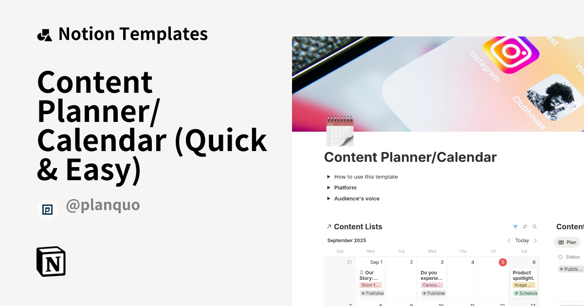 Content Planner/Calendar (Quick & Easy) Template | Notion Marketplace