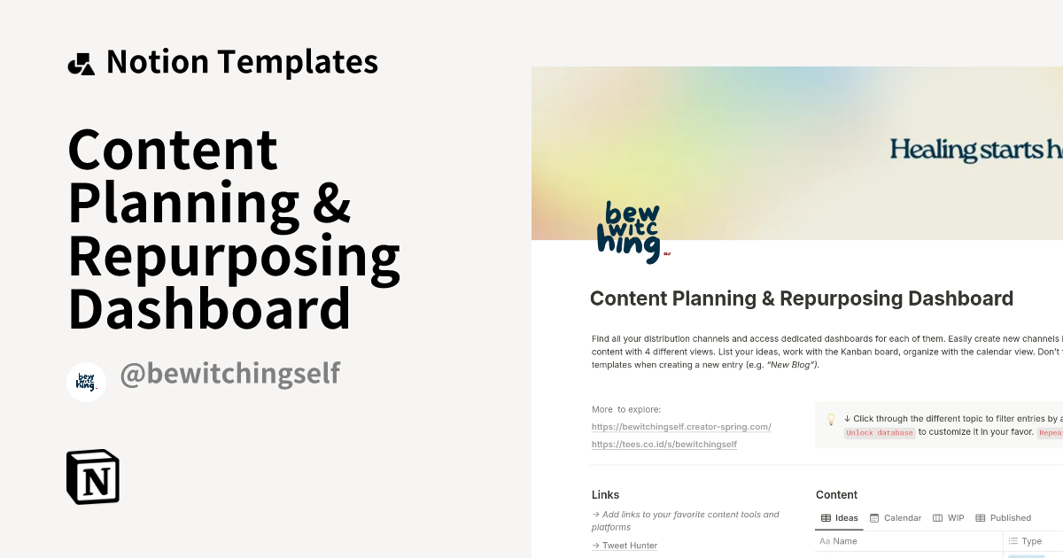 Content Planning & Repurposing Dashboard Template by bewitchingself | Notion Marketplace