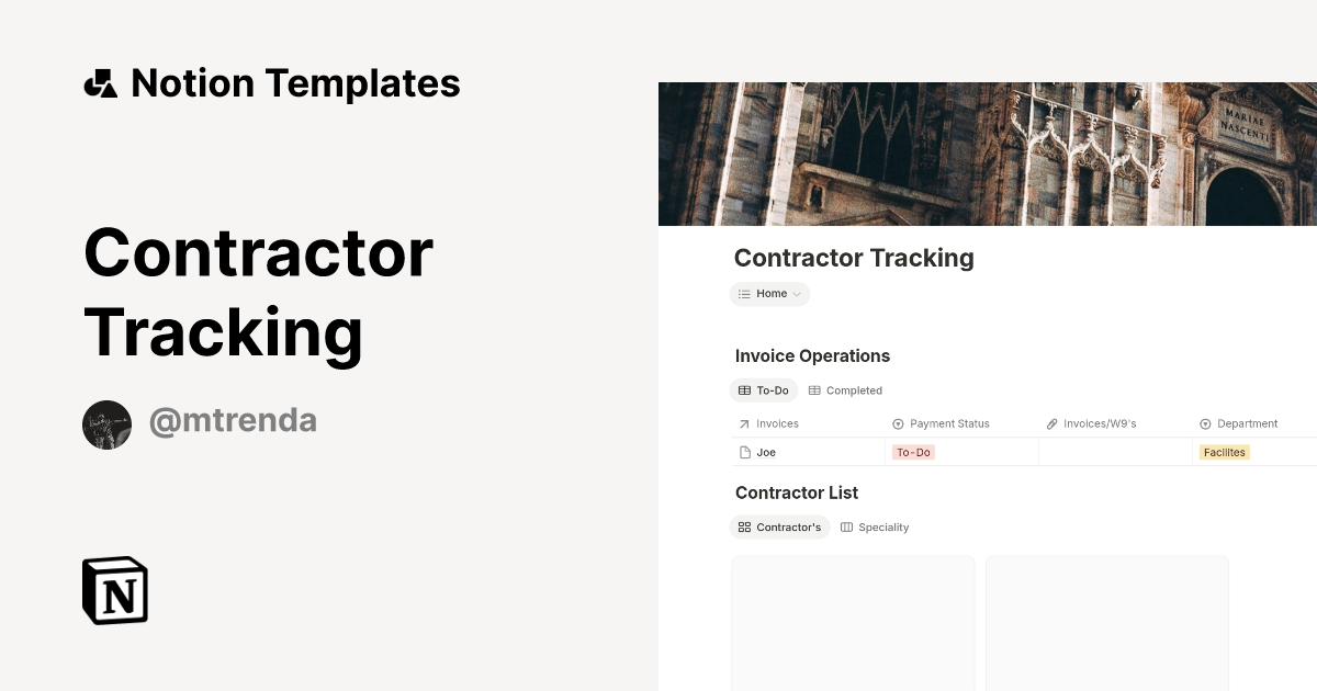 Contractor Tracking Template by Maxwell Trenda | Notion Marketplace