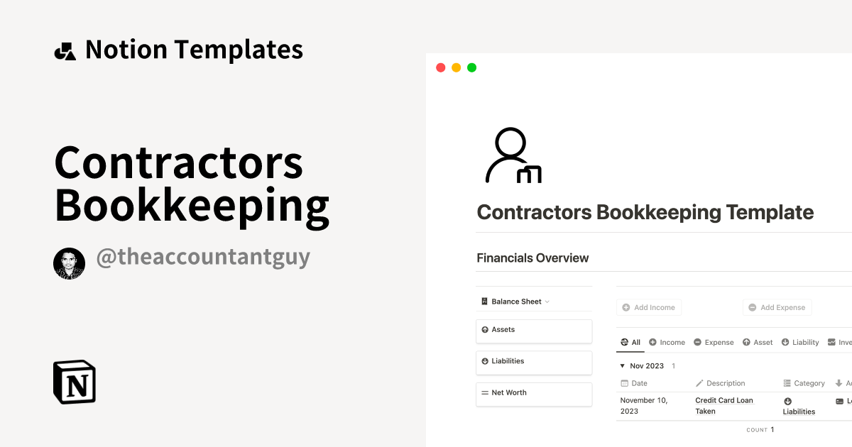 Contractors Bookkeeping Template by theaccountantguy | FinanceGuy ...