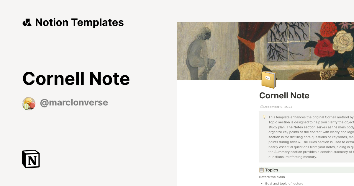 Cornell Note Template by Mark Loong | Notion Marketplace
