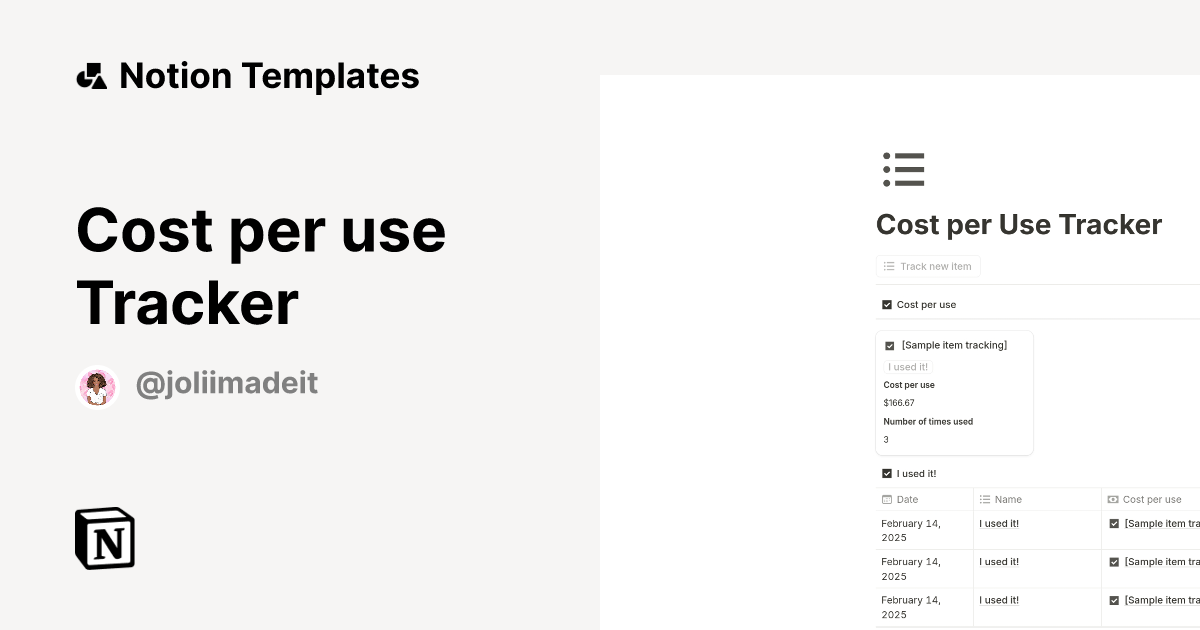Cost per use Tracker Template | Notion Marketplace