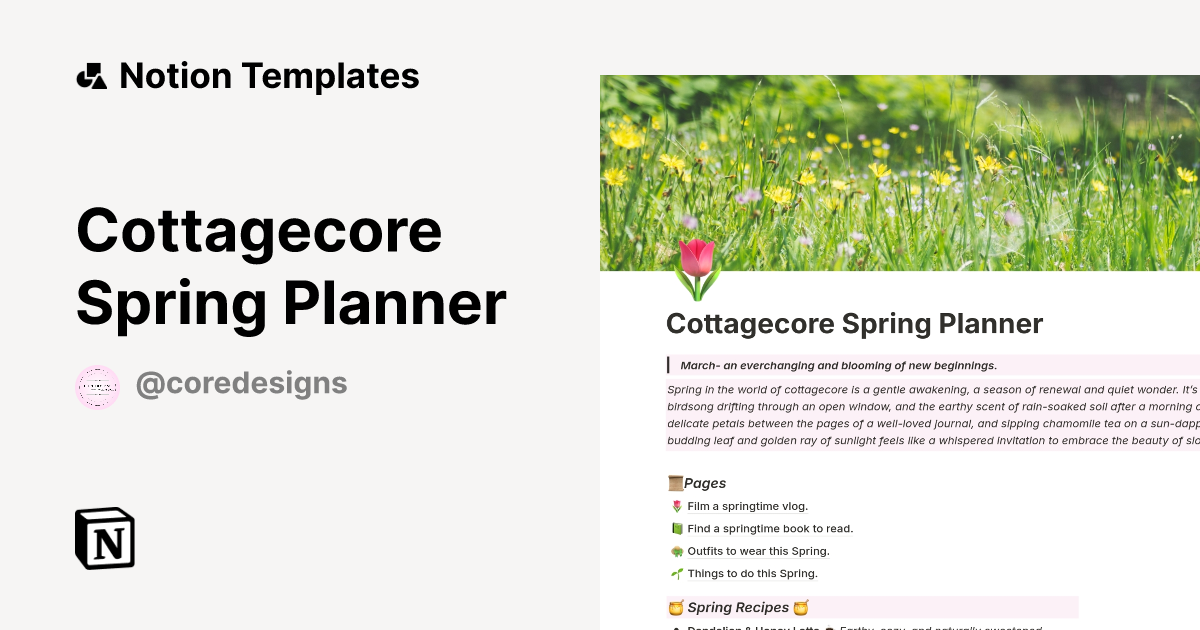 Cottagecore Spring Planner Template by CORE DESIGNS | Notion Marketplace