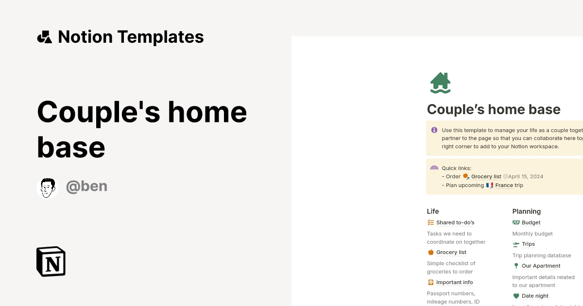 Couple's home base Template by Ben Lang | Notion Marketplace
