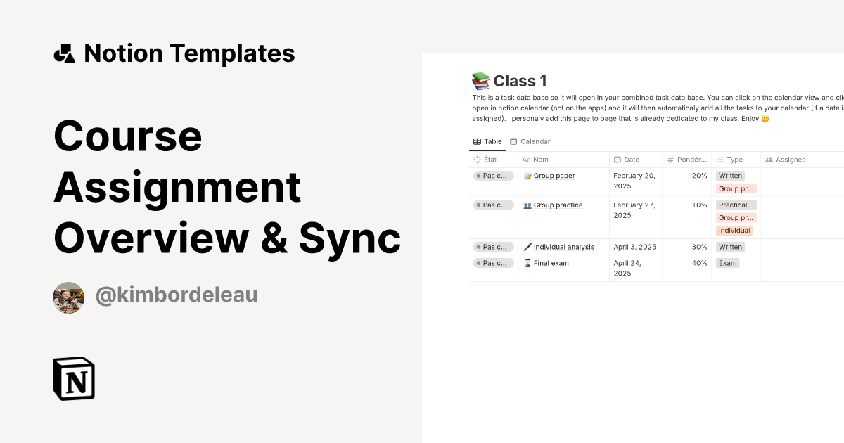 Course Assignment Overview & Sync Template by Kim | Notion Marketplace