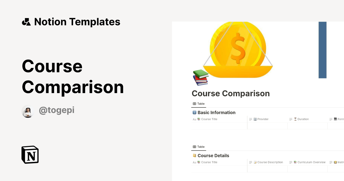 Course Comparison Template | Notion Marketplace Course Comparison Template | Notion Marketplace