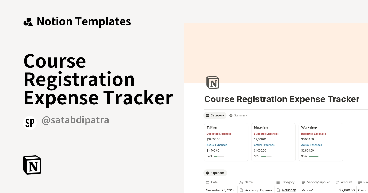 Course Registration Expense Tracker Template by Satabdi Patra | Notion Marketplace