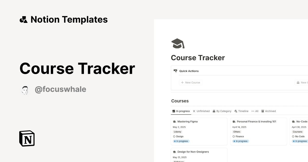 Course Tracker Template by FocusWhale | Notion Marketplace